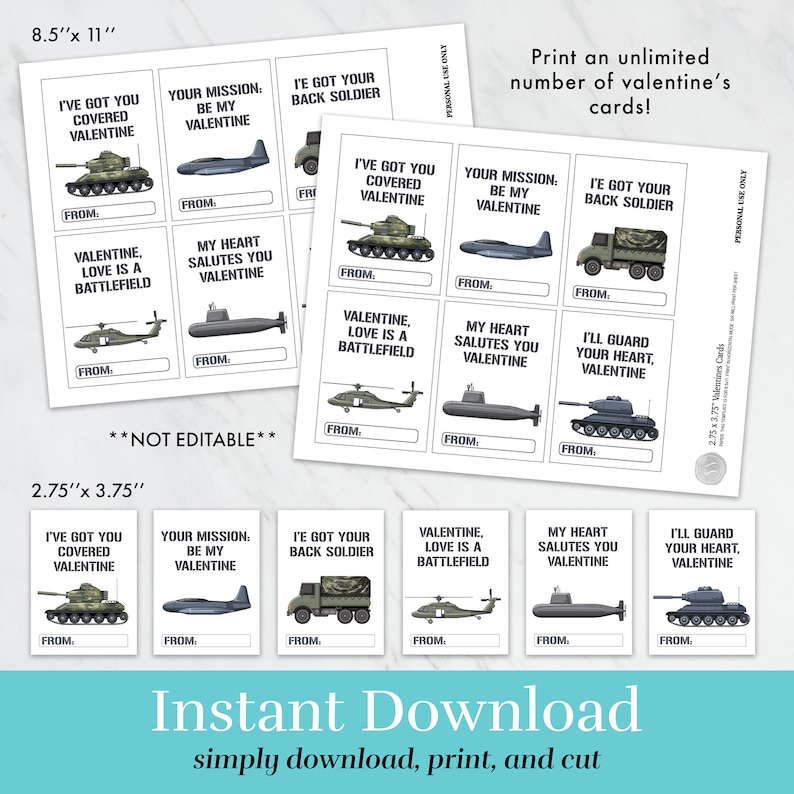 Kids Army Valentine | INSTANT DOWNLOAD | Valentine Day Cards | ARMY ...