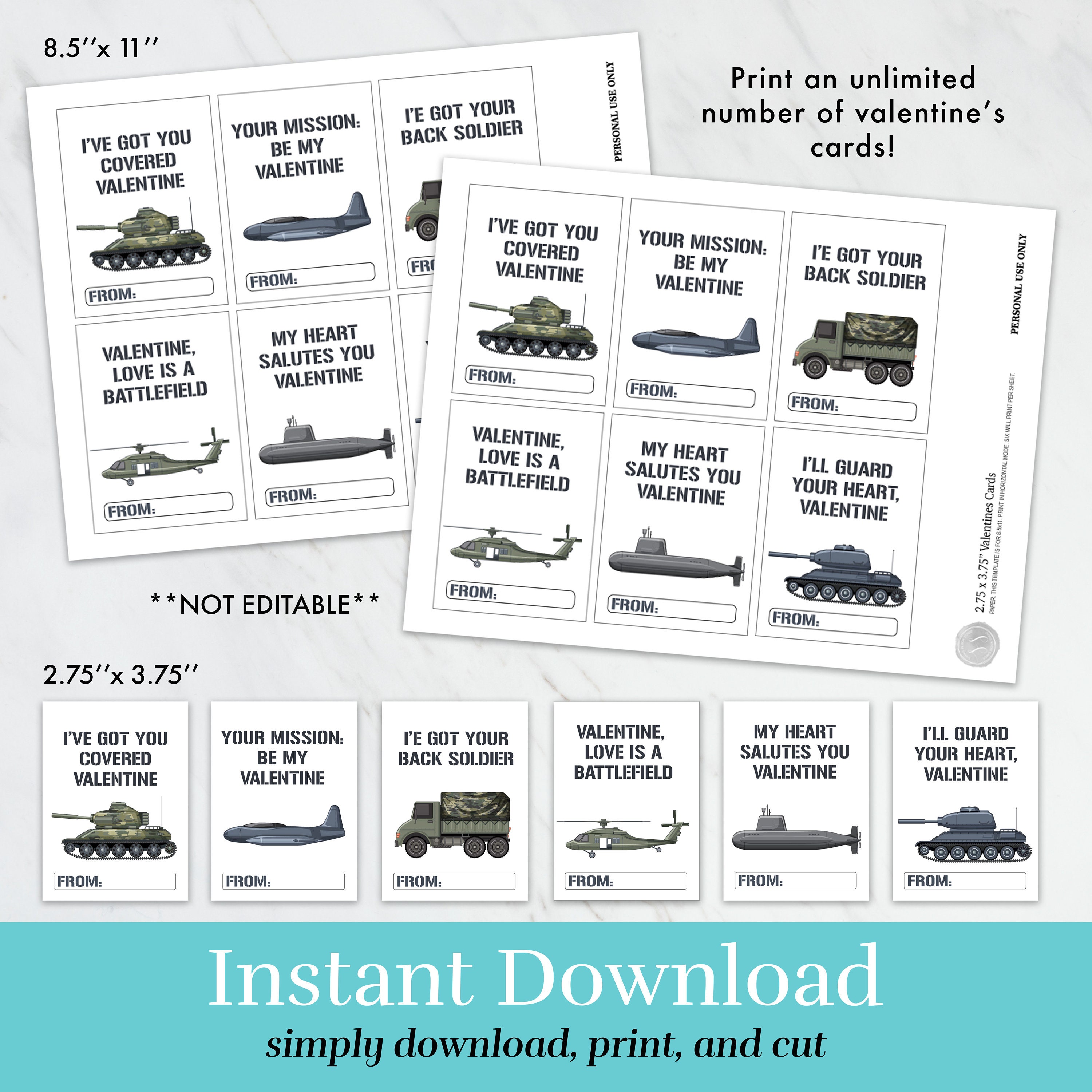 Kids Army Valentine | INSTANT DOWNLOAD | Valentine Day Cards | ARMY ...