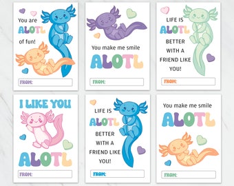 Printable Fun Pink Riddle Axolotl Valentine's Day Cards, School ...