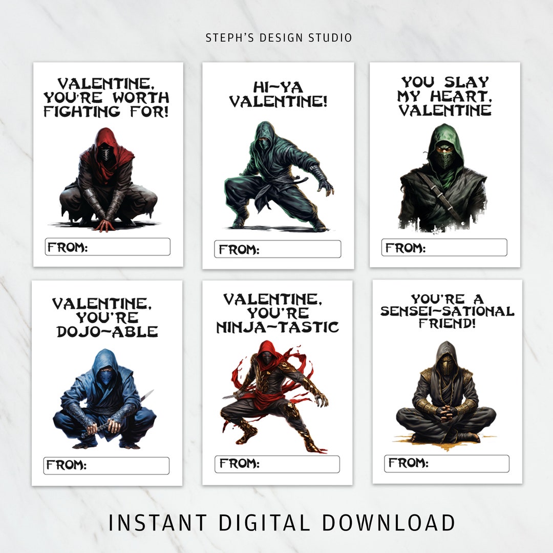 Kids Ninja Valentine | INSTANT DOWNLOAD | Valentine Day Cards | Ninja ...