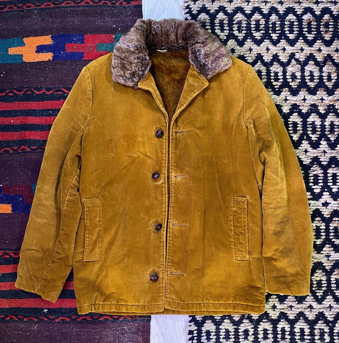 Golden Brown Corduroy Coat With Faux Fur Collar - Unique - Men's SMALL ...