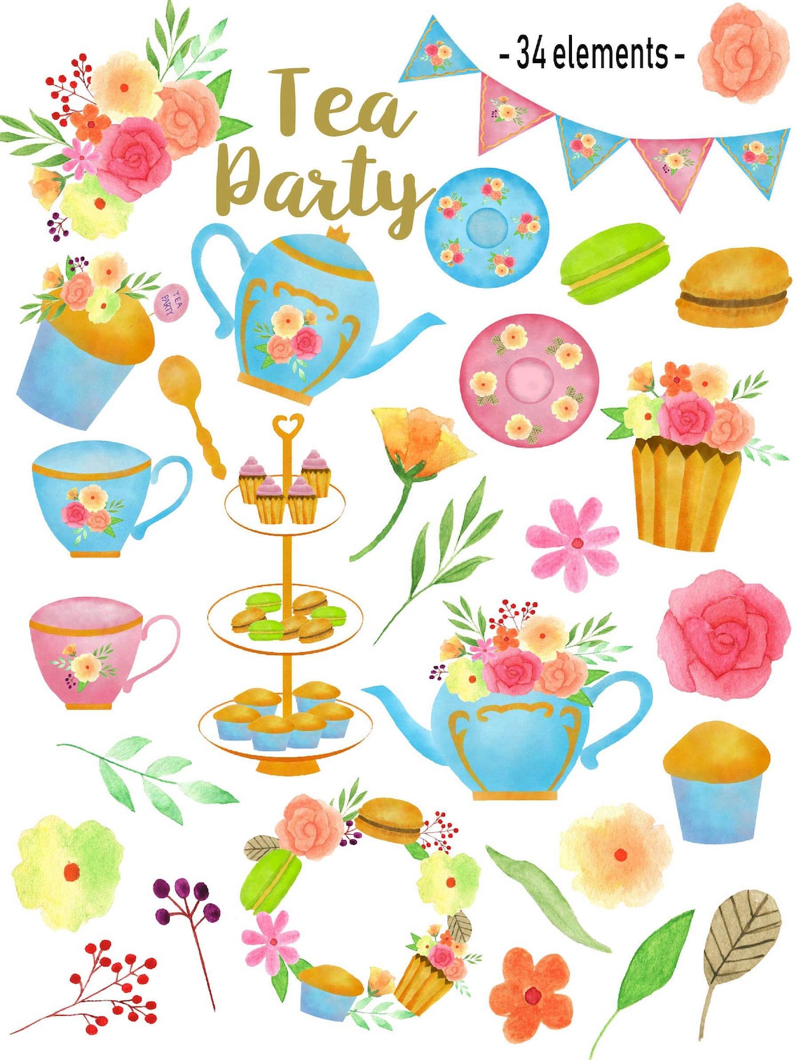 Flower Tea Party Clip Art Watercolor Tea Party Clip Art/ Tea - Etsy