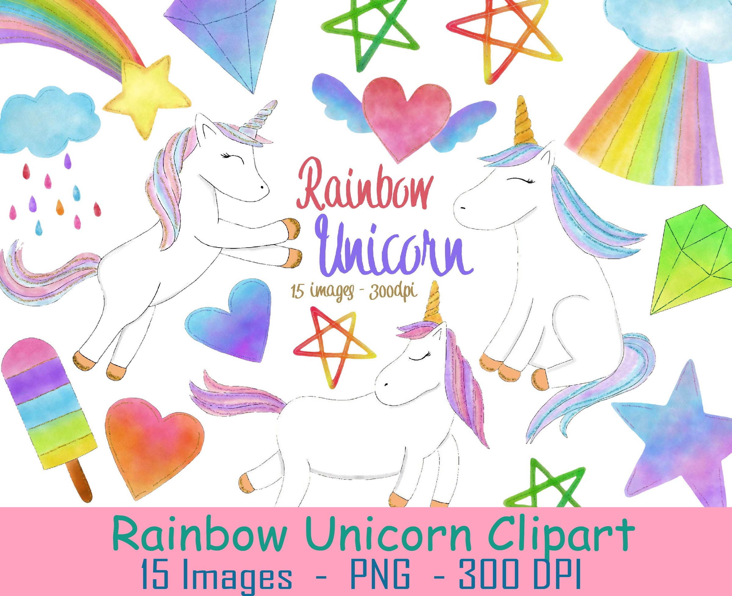 Watercolor Rainbow Unicorn Clipart Glitter Clipart Rainbow | Etsy