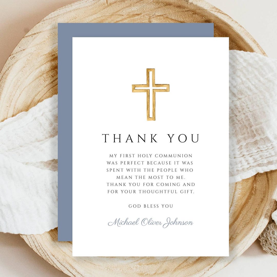 First Communion Thank You Card Template, Dusty Blue First Communion ...