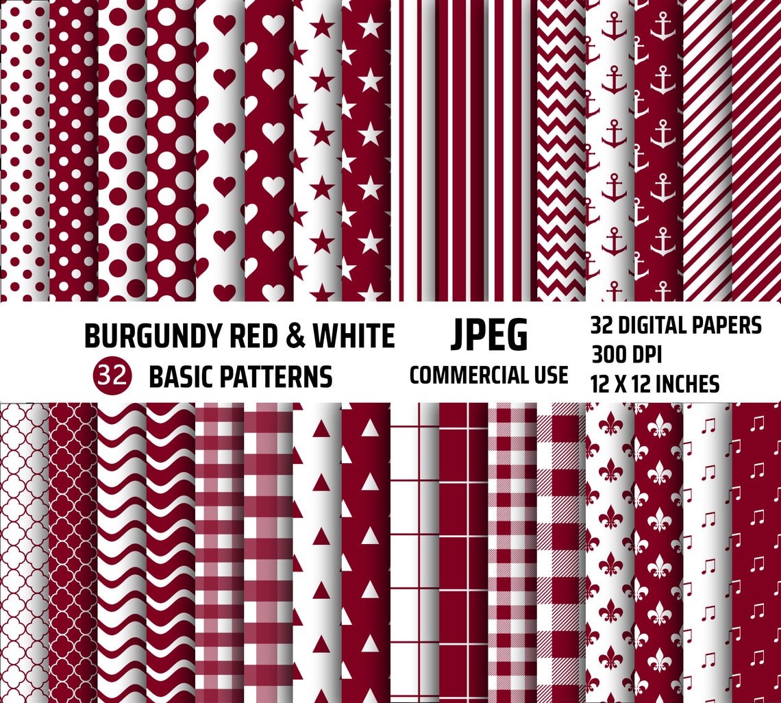 Digital Paper Pattern Pack, Burgundy Red, Scrapbook Papers Clipart ...