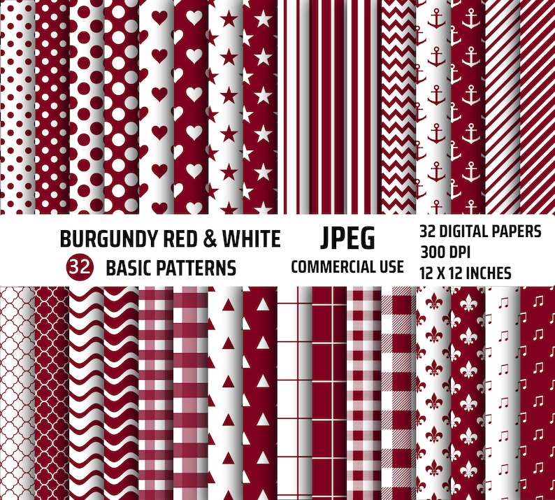 Burgundy Red Digital Paper Pack: Polka Dot, Plaid, Stripes (digital ...
