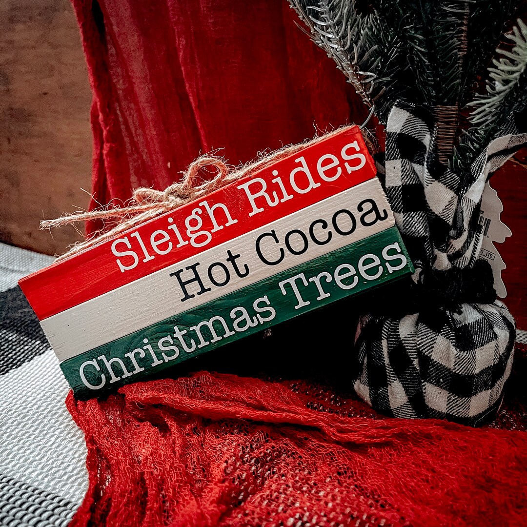 Christmas Book Stack Tiered Tray Decor Shelf Sitter Wooden Book Stack ...