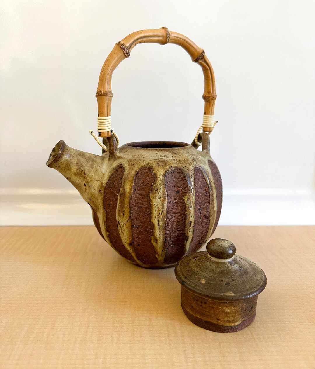 Vintage Handmade Striped Ceramic Teapot, Bamboo Handle - Etsy