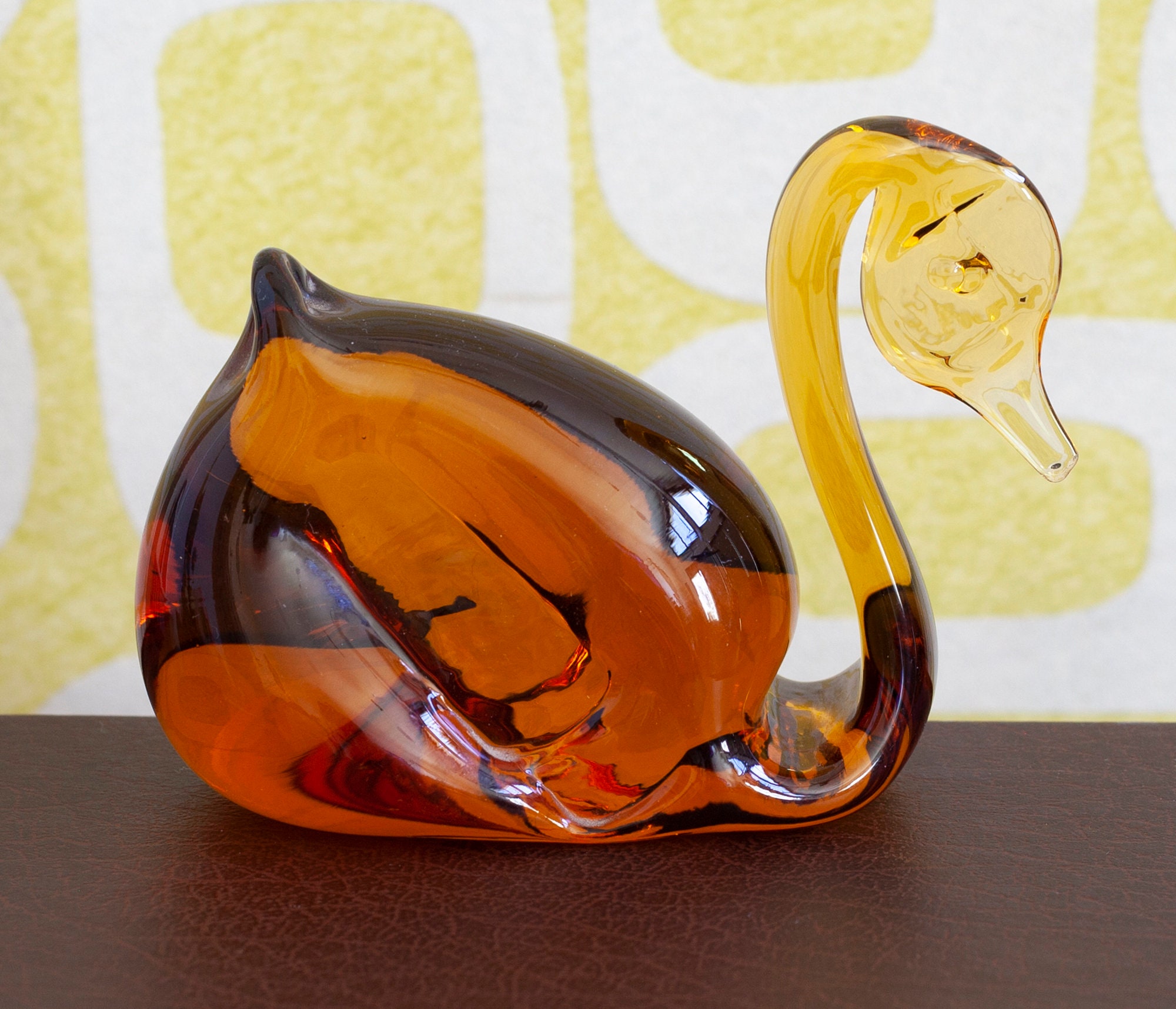 Gold Hand Blown Glass Swan Amber Swan Art Glass Etsy