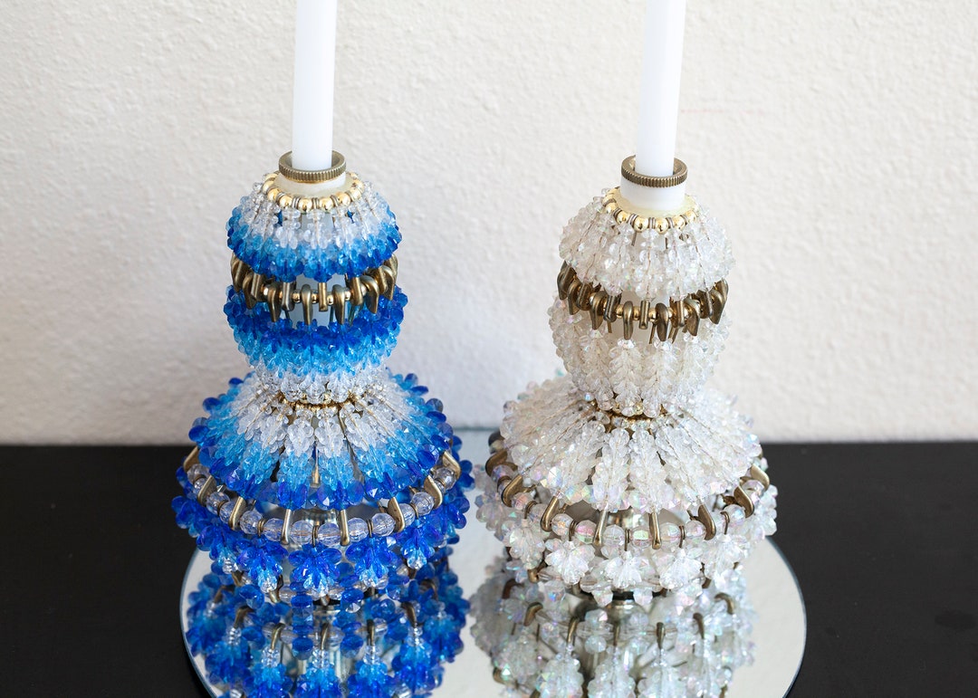 Vintage Safety Pin Candle Holders Blue And White 1970s Plastic Beads