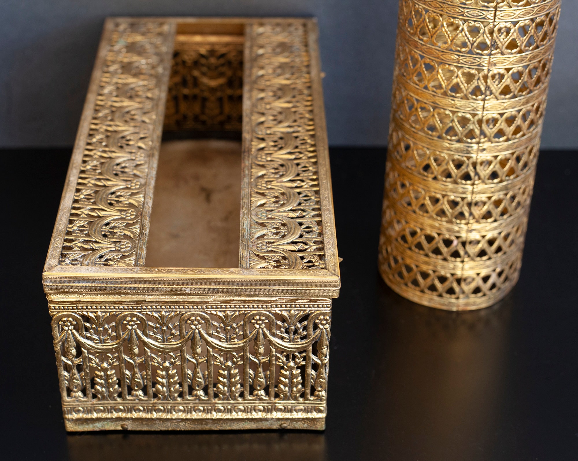 Gold Filigree Tissue Box Cover and Hair Spray Cover, Hollywood Regency ...