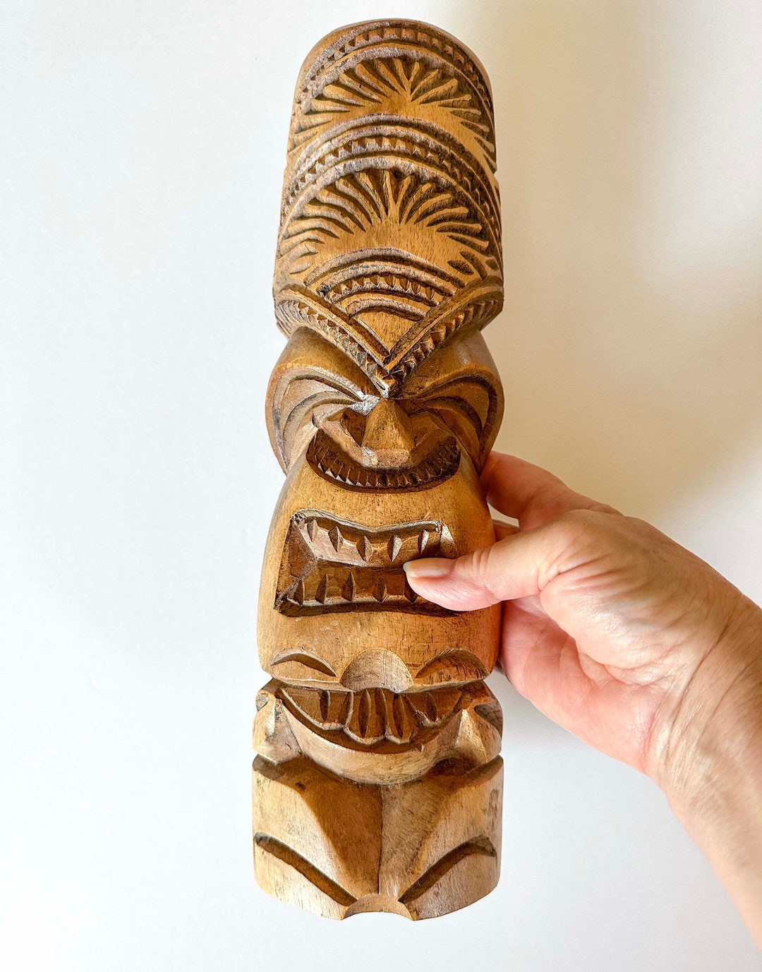 Large Tiki Statue Hand Carved Solid Wood Hawaiian Polynesian 12.5” MCM ...