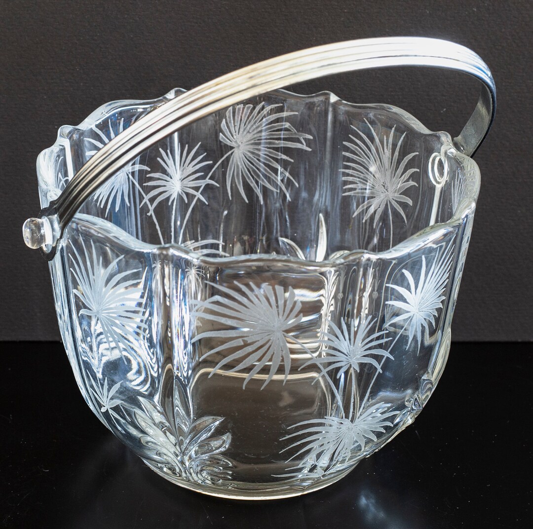 Fostoria Lido Baroque Ice Bucket W/ Chrome Handle, MCM Etched Glass ...