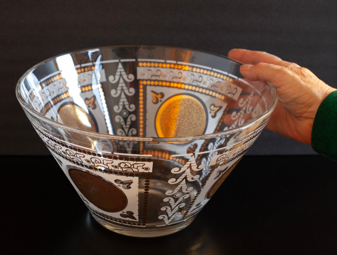 Vintage Hollywood Regency Style Large Glass Bowl With Gold Mayan or ...