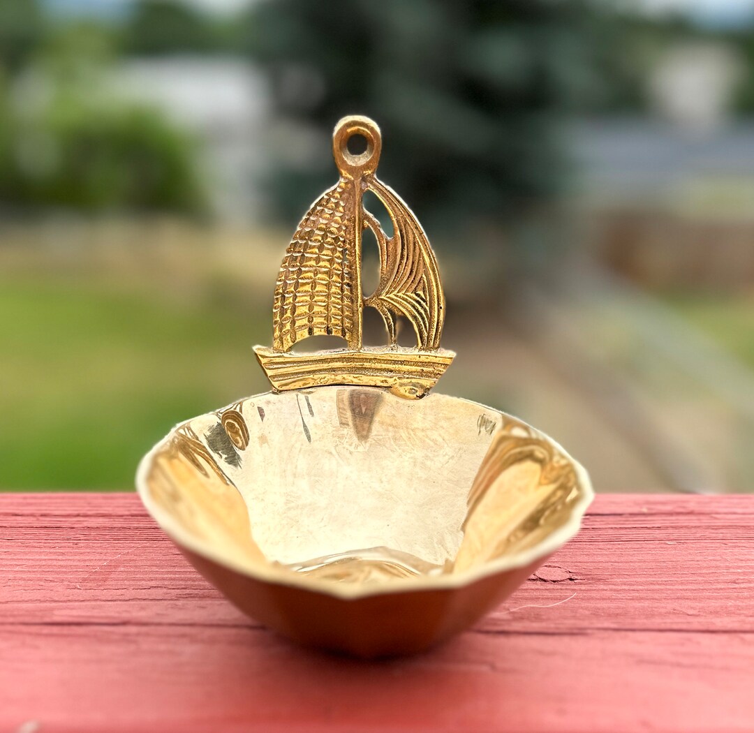 Vintage Brass Dish With Sailboat Ship, Nautical Trinket Bowl - Etsy