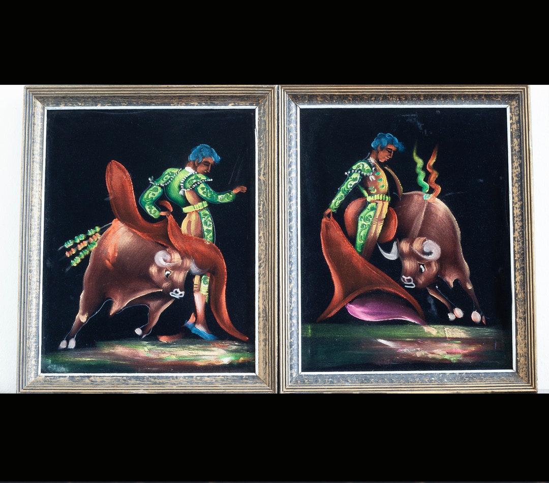 Matador Bull Fighting on Black Velvet in Original Frames, Two 1970s Art ...
