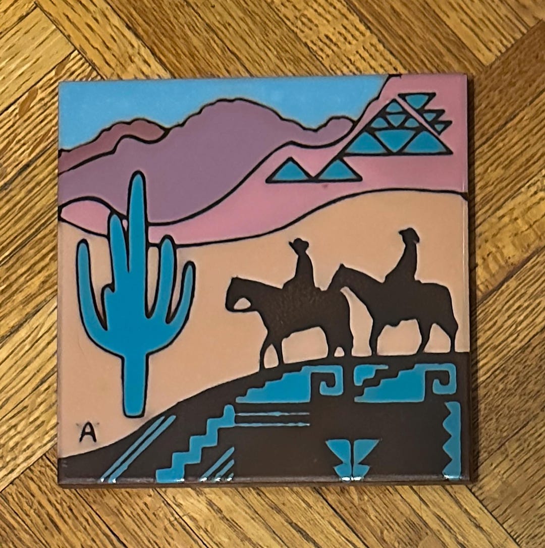 Vintage Southwestern Ceramic Tile With Cowboys, Desert and Cactus ...