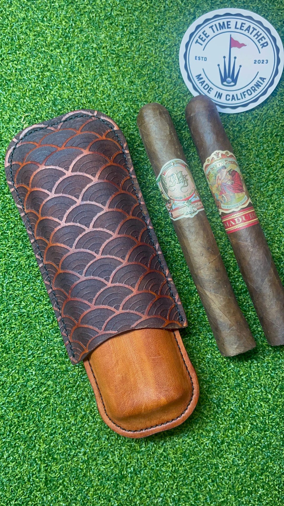 Leather Cigar Case With Japanese Wave Pattern. seigaiha Holds 2 Cigars ...