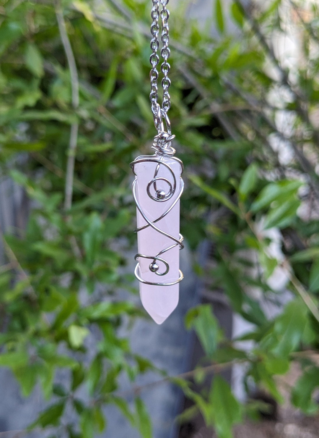 Genuine Rose Quartz Crystal Point Wire Wrapped Pale Pink Pendant ...