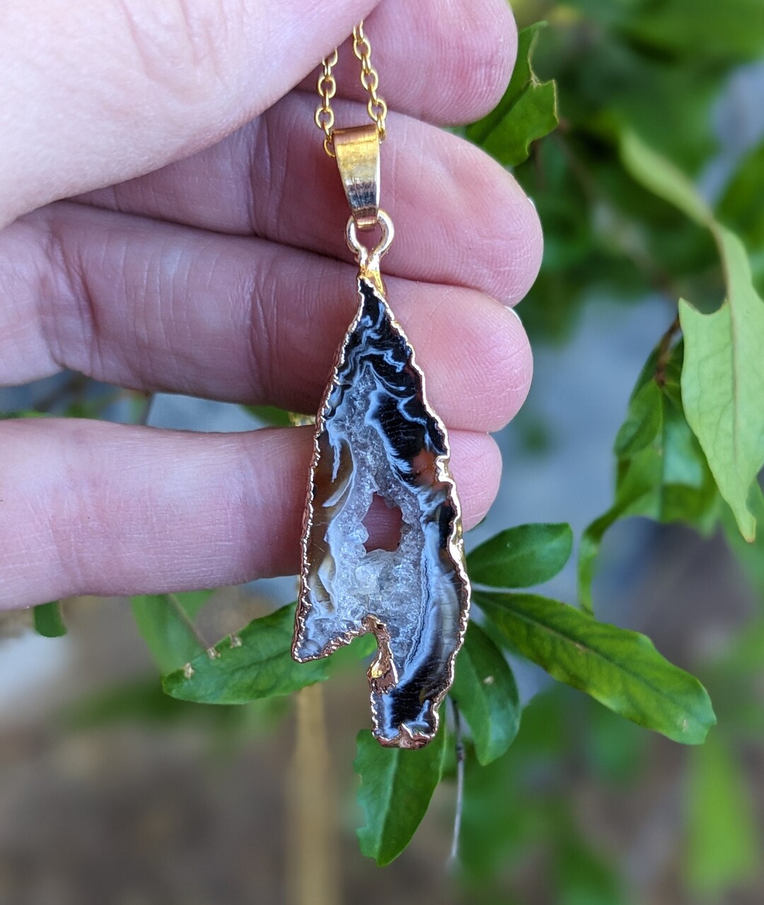 Black Geode Slice Pendant Necklace Black Agate Slice Everyday Necklace ...