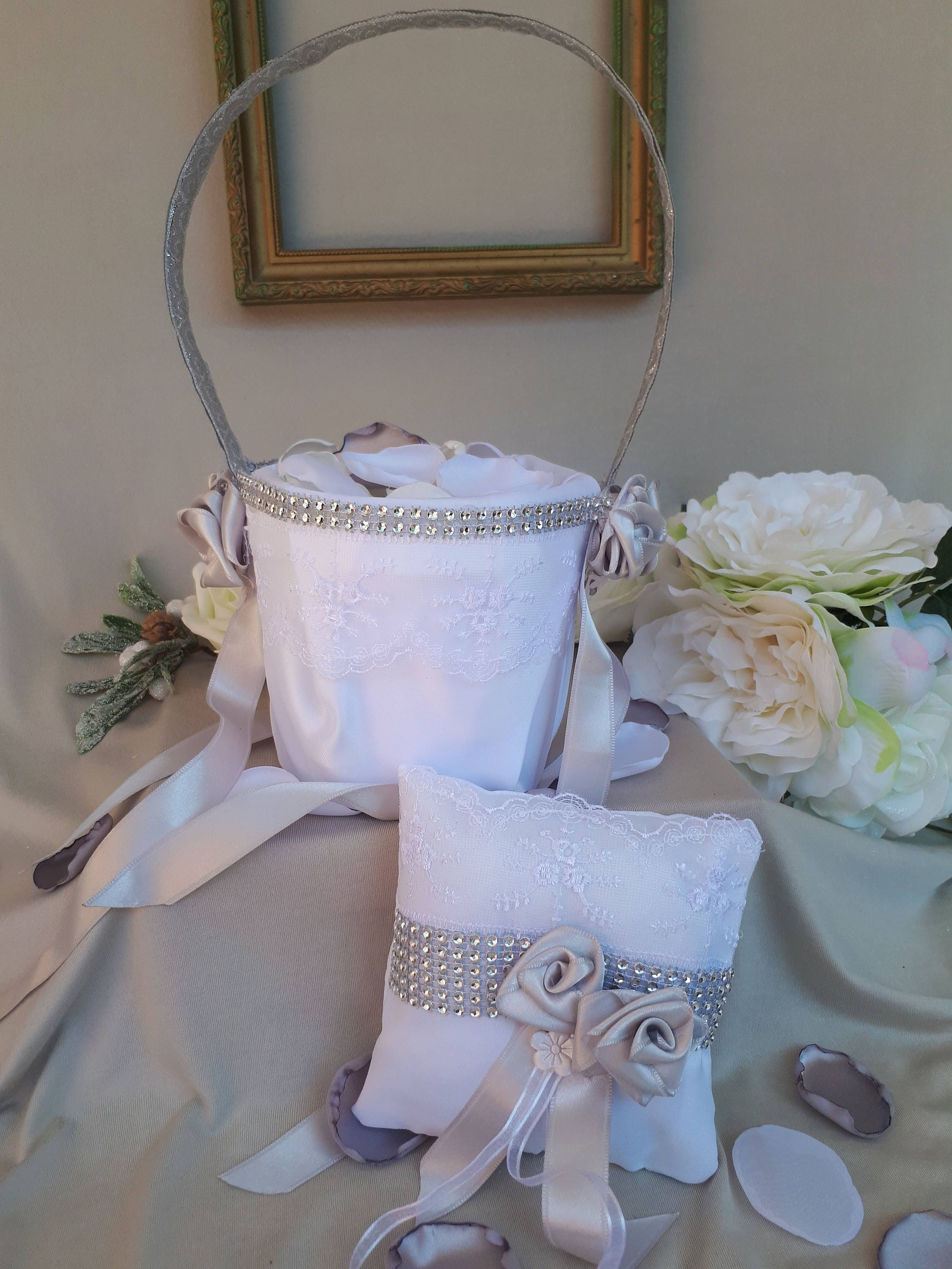 White Lace & Silver Ribbom Flower With Rhinestones Ring Bearer Pillow ...