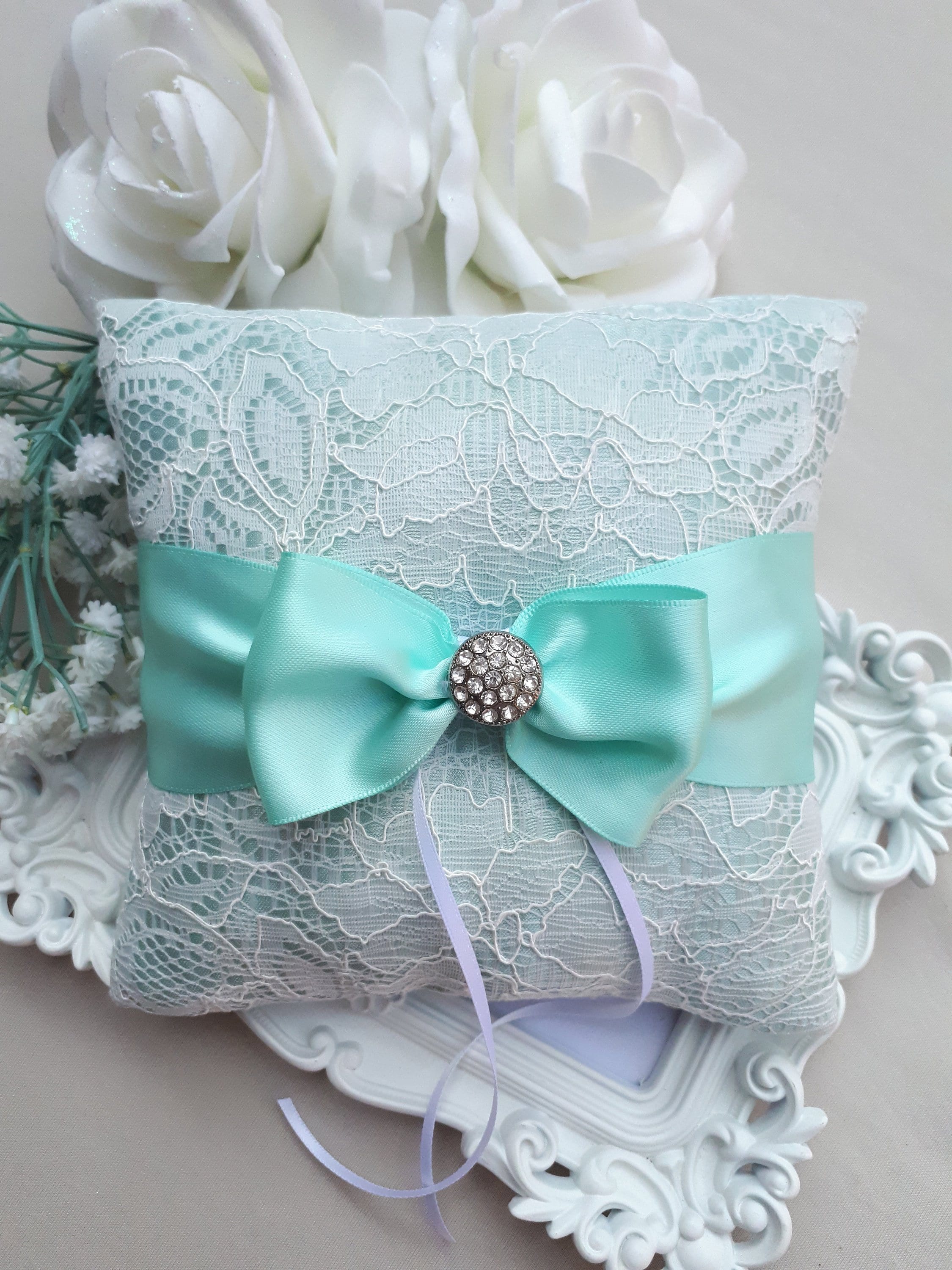 NEW Wedding Ring Pillow Lace Ring Pillow With Turquoise | Etsy