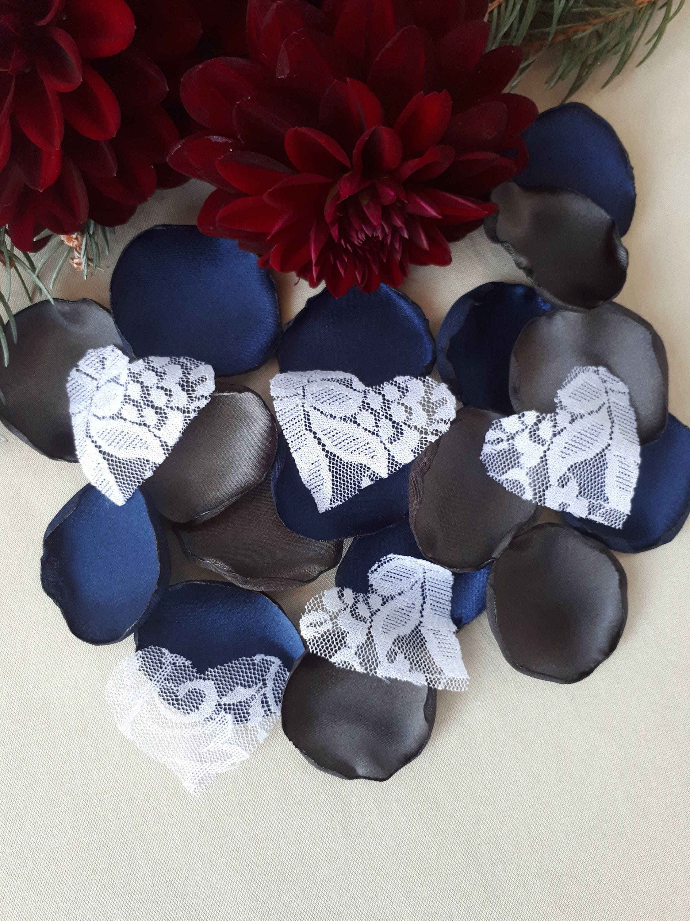 Navy Blue Dark Gray & Lace Hearts, Handmade Petals Elegant Wedding ...