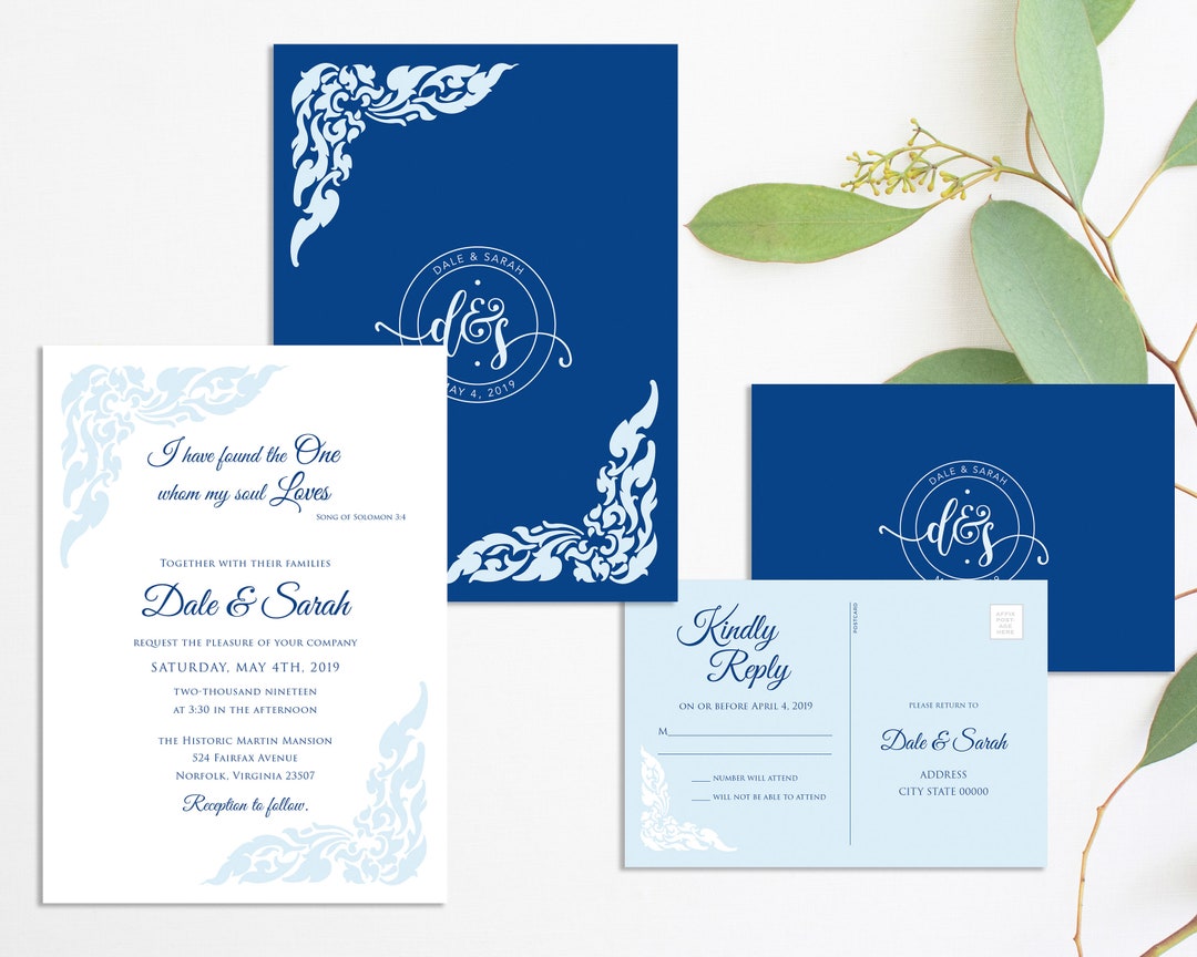 Blue Song of Solomon Wedding Invitation Set With Custom Monogram - Etsy