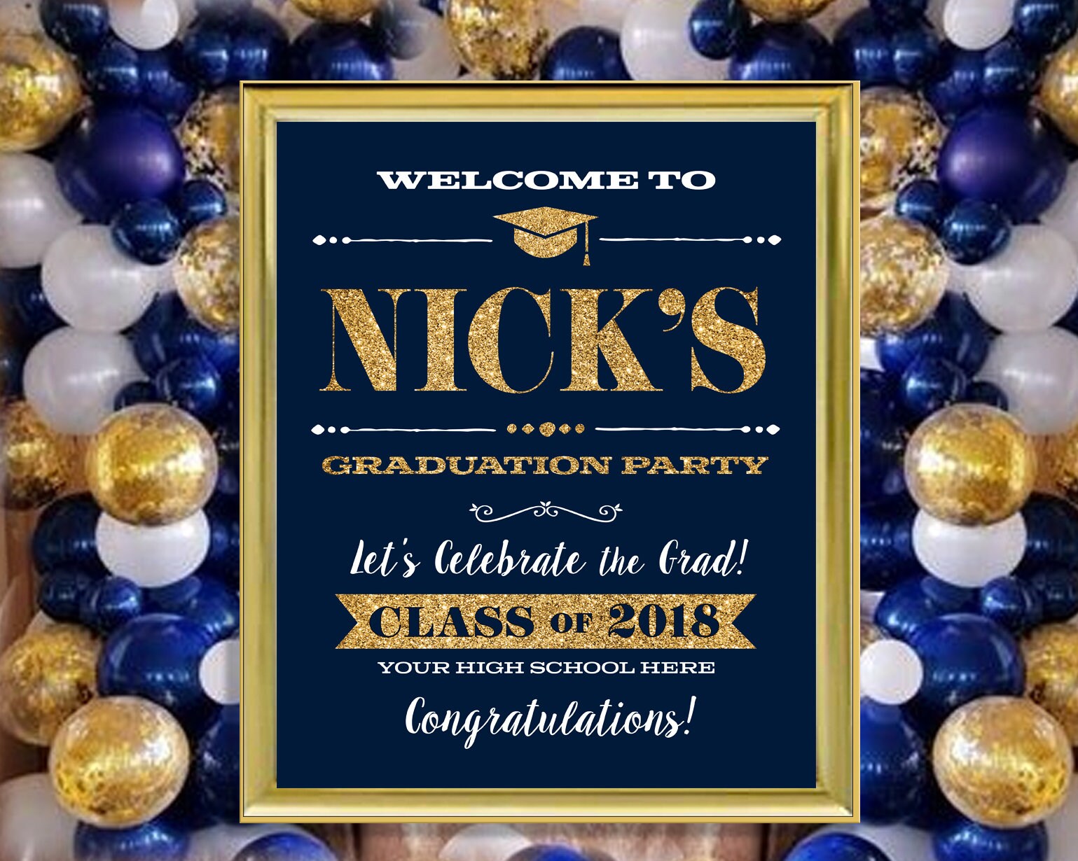 Personalized Printable Grad Party Poster Navy Blue and Gold | Etsy