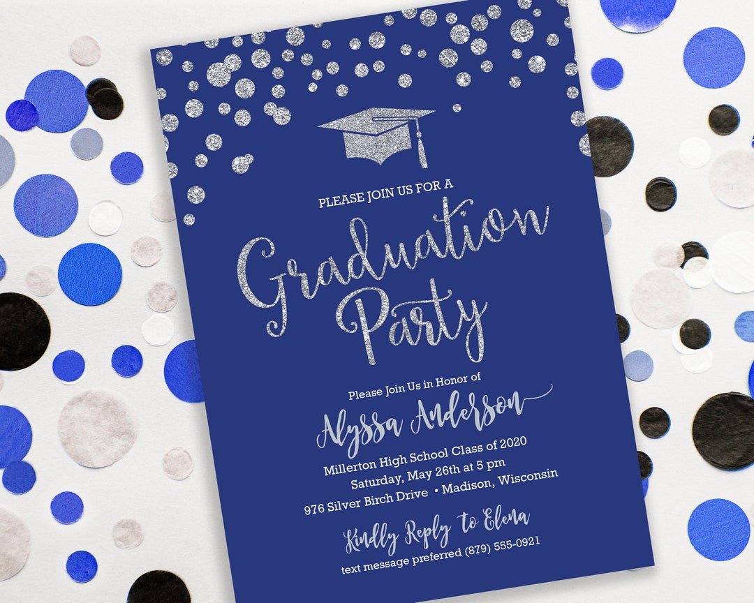 Royal Blue and Silver Glitter Graduation Invitation - Etsy