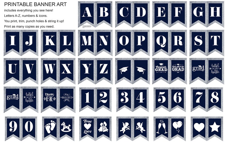 Party Banner Instant Download Printable • Navy Blue & Silver Glitter ...