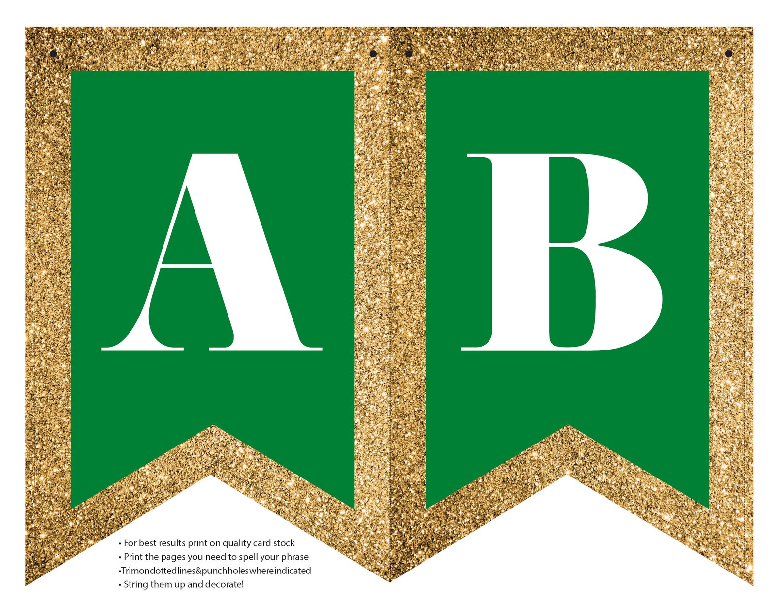 Green & Gold Glitter Printable Banner: Letters, Numbers, Graduation ...