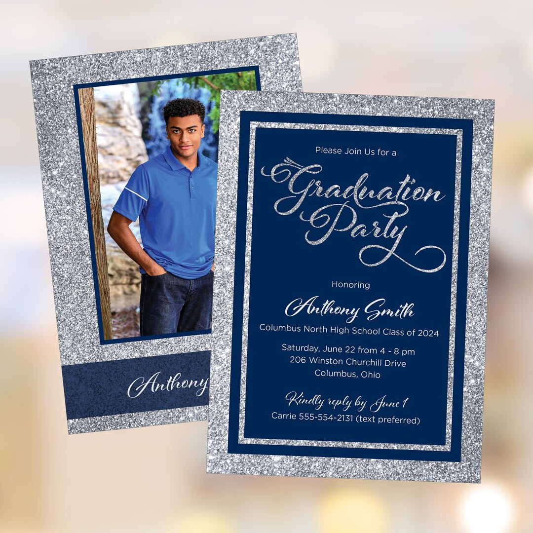 Navy Blue and Silver Graduation Announcement With Photo Option - Etsy