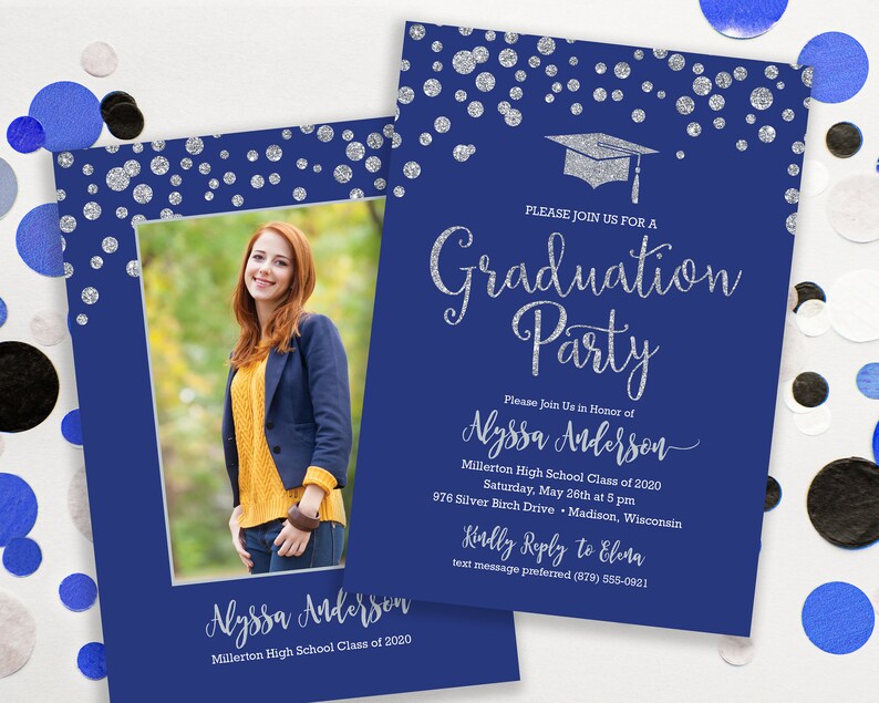 Royal Blue and Silver Glitter Graduation Invitation With Photo - Etsy
