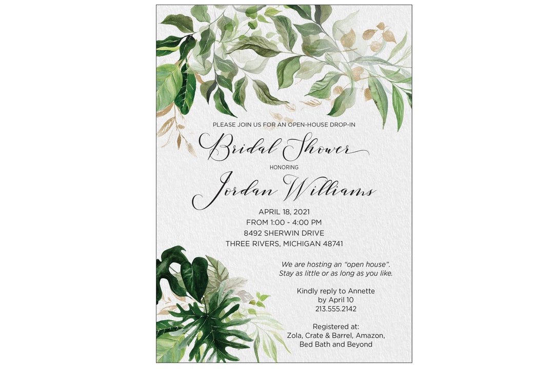 Open House Drop in Shower Invitation With Tropical Greenery - Etsy