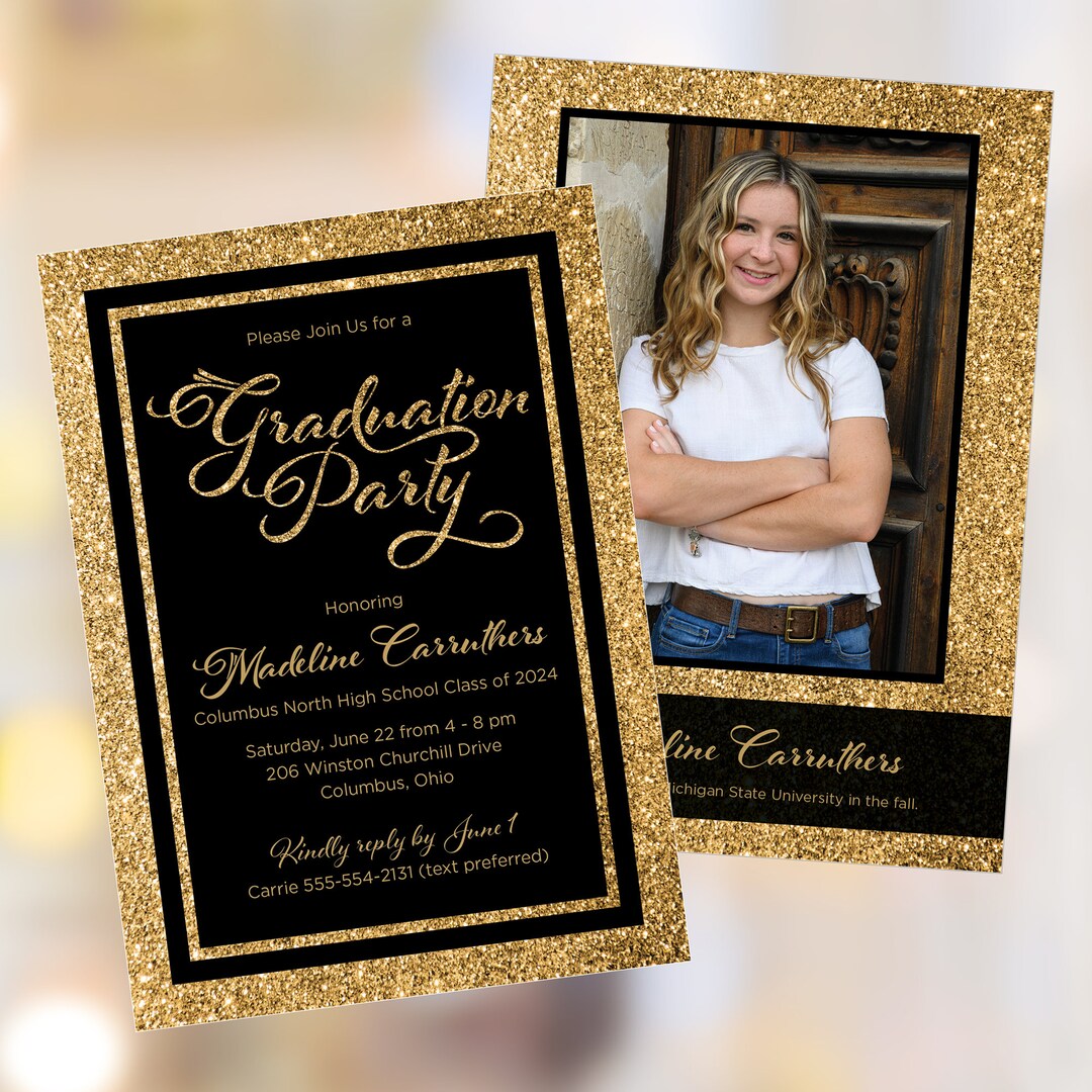 Gold Glitter and Black Graduation Invitation With Photo - Etsy