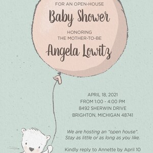 Open House Baby Shower Invitation With Baby Bear and Balloon - Etsy