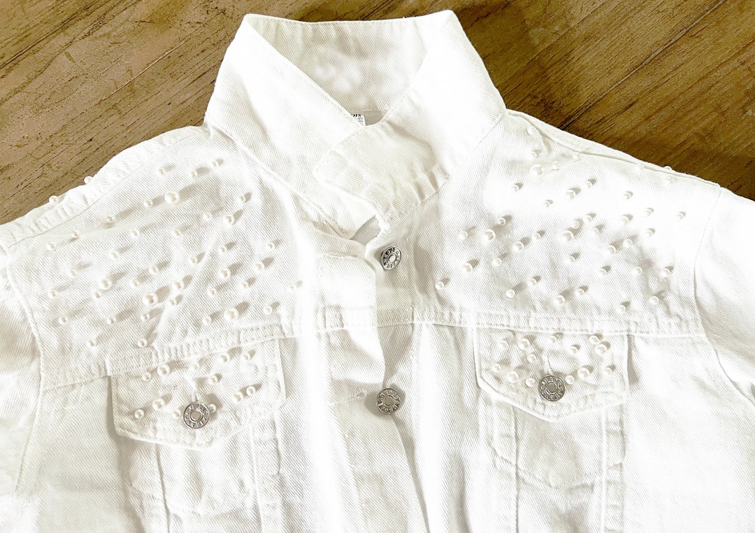 White Denim Bride Jacket Embroidered With Pearl Accents - Etsy