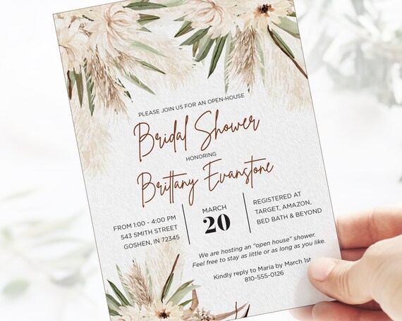 Open House Bridal Shower Invitation With Neutral Boho Grass & | Etsy