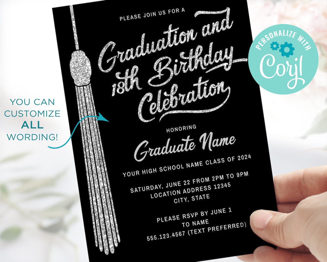 Silver Graduation and Birthday Invitation - Digital Template You ...