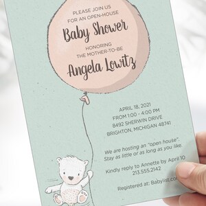 Open House Baby Shower Invitation With Baby Bear and Balloon - Etsy