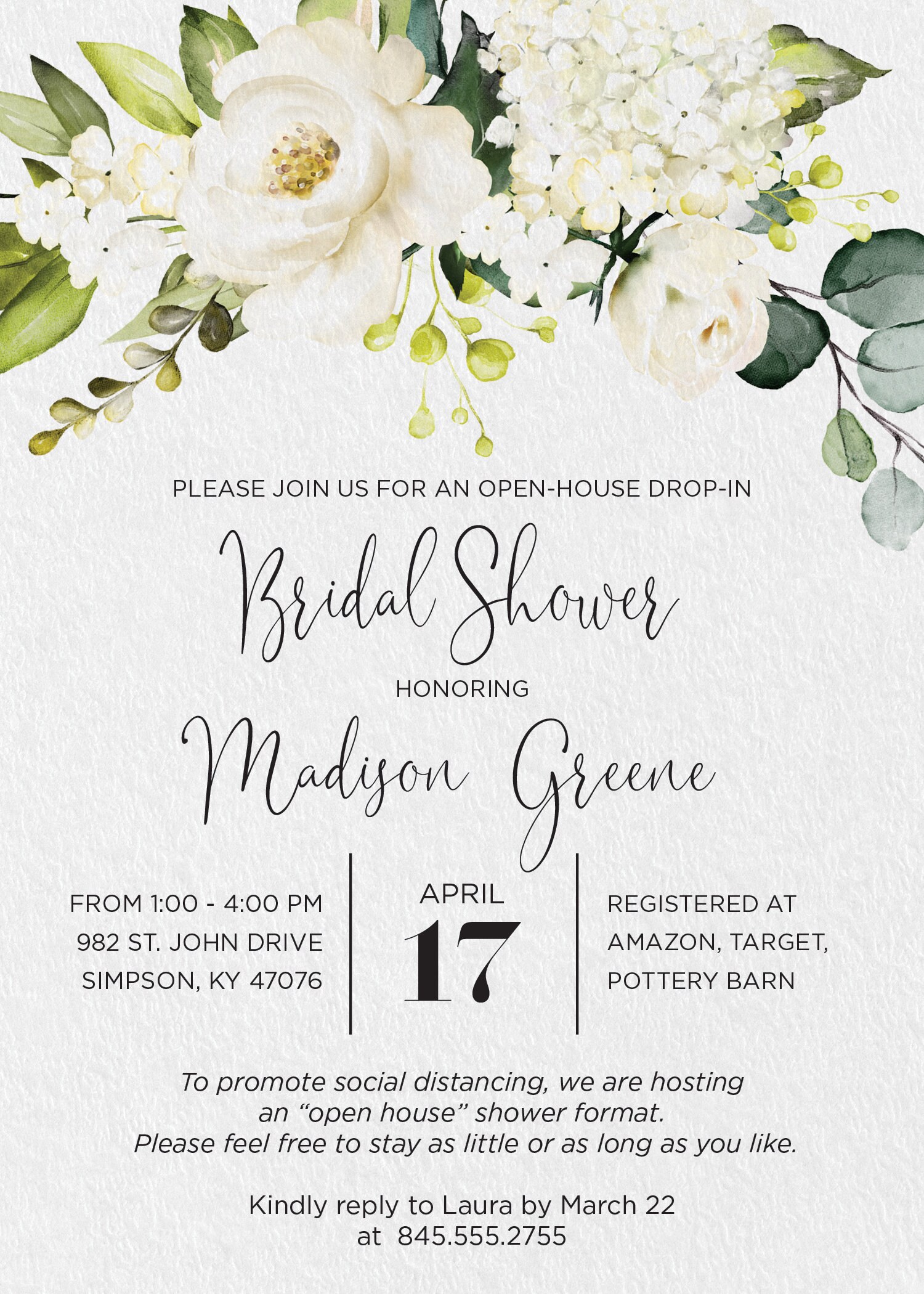 Open House Drop in Shower Invitation With White Roses - Etsy