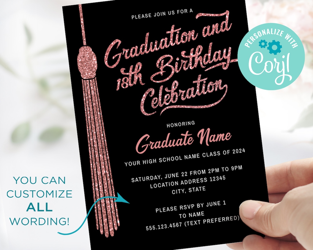 Rose Gold Graduation 18th Birthday Invitation - Digital Template You ...