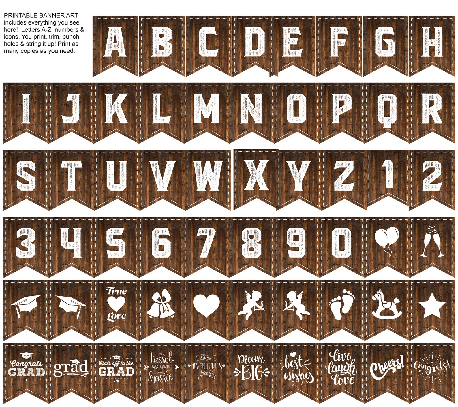 Printable Banner Rustic Wood Look Instant Download ALL - Etsy