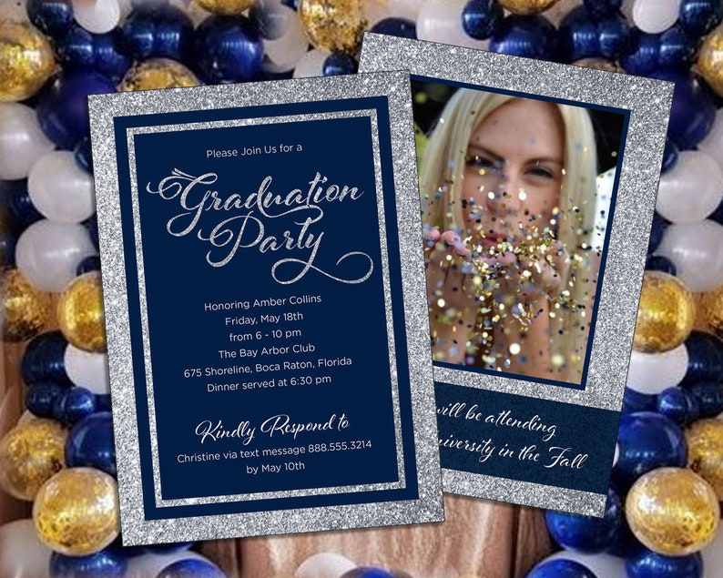 Navy Blue and Silver Graduation Announcement With Photo Option - Etsy