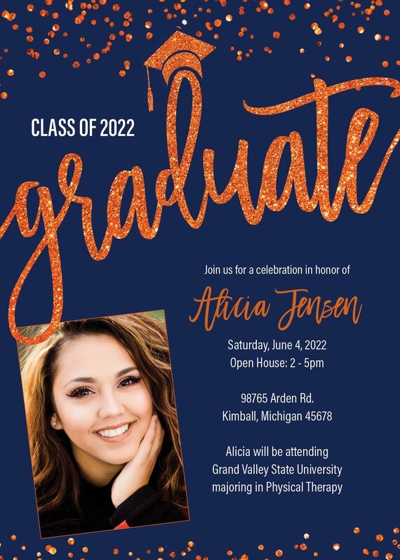 Tarjetas Imprimibles Para Fiesta De Graduación En Azul Y Naranja