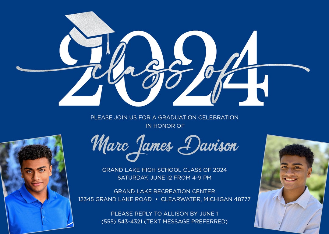 Class of 2024 Royal Blue and Silver Metallic Graduation Invitation With ...