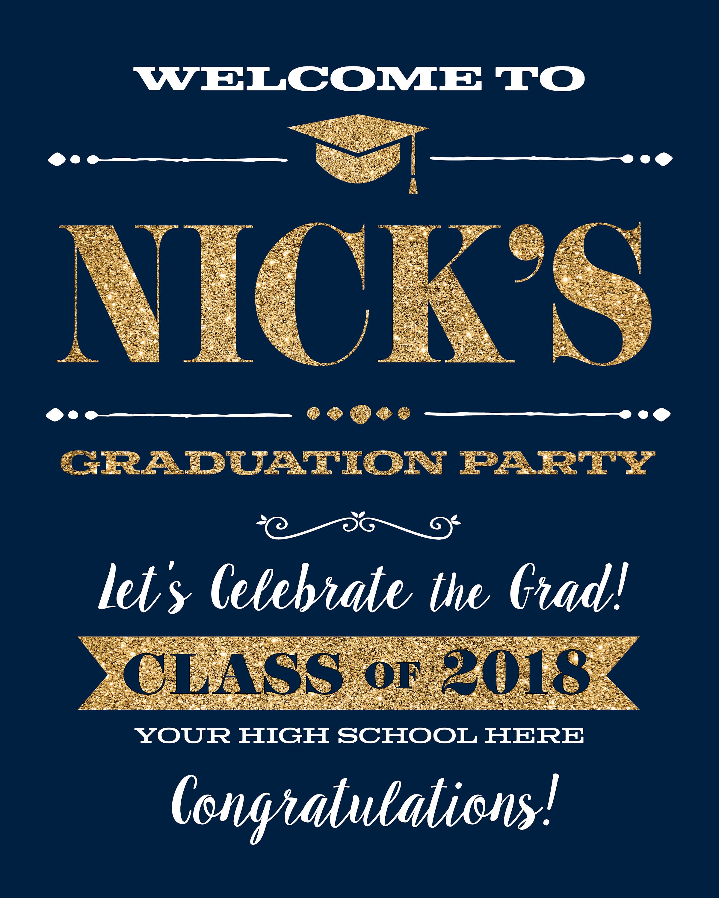 Personalized Printable Grad Party Poster Navy Blue and Gold | Etsy