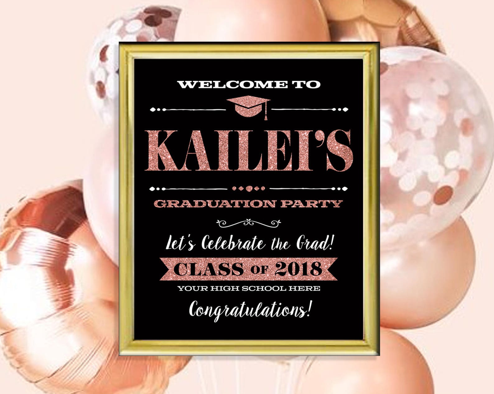 Personalized Grad Party Poster Rose Gold Glitter and Black - Etsy