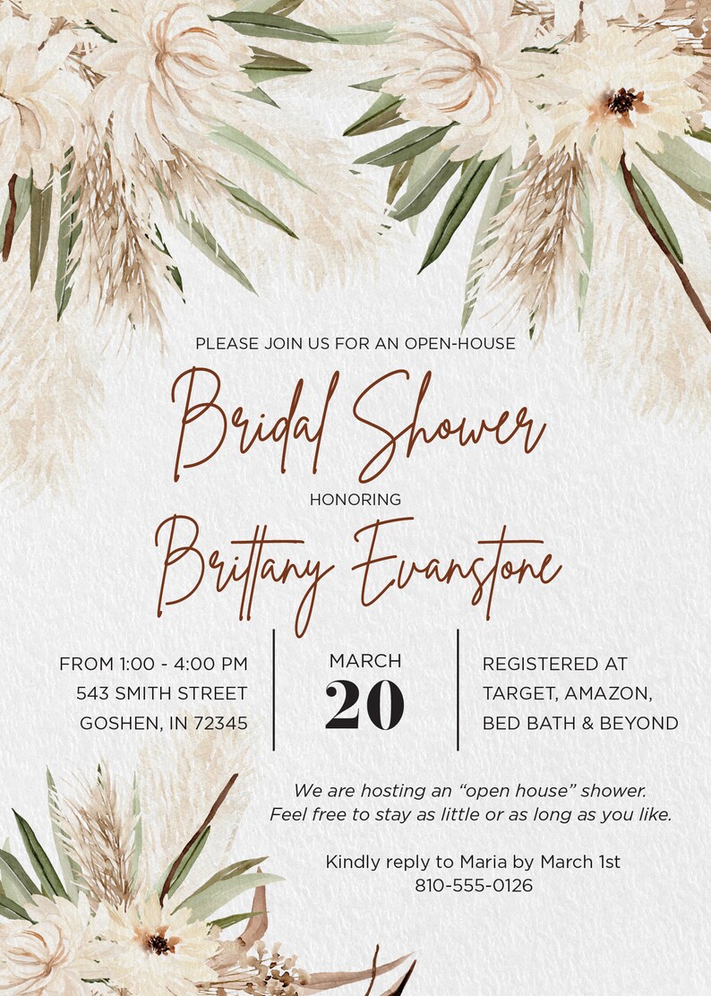 Open House Bridal Shower Invitation With Neutral Boho Grass & | Etsy
